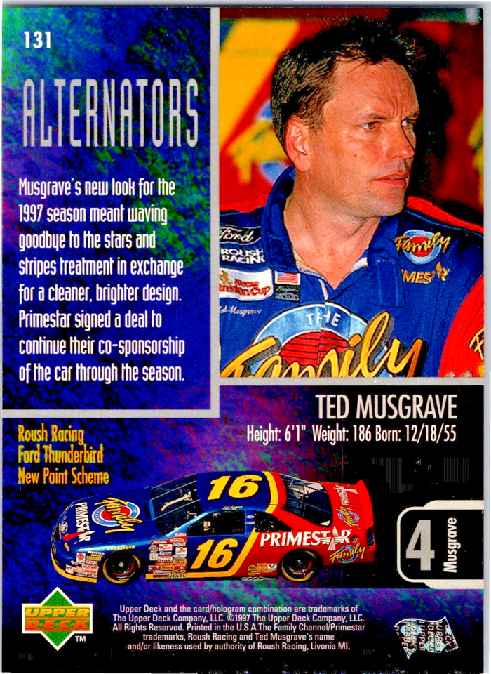 1997 Upper Deck- NASCAR "Alternators" #131 Ted Musgrave Car #16 "FAMILY ...