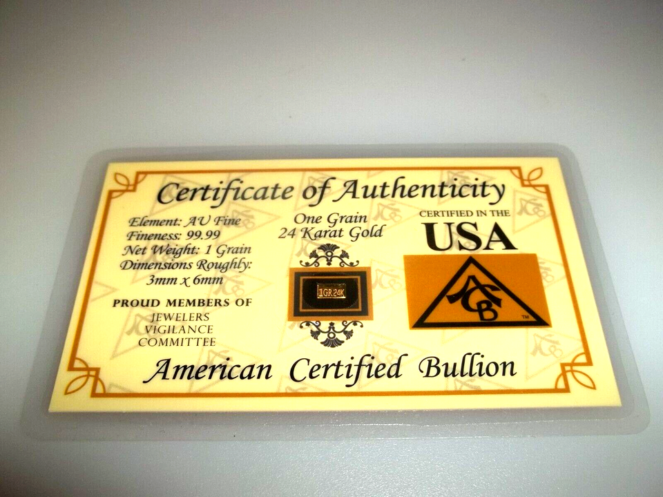 24K GOLD BAR *ONE FULL GRAIN* AMERICAN CERTIFIED BULLION CERT CARD. 99. ...