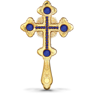 11.4" Byzantine Blue Stones Gold Plated Altar Hand Blessing Engraved ...