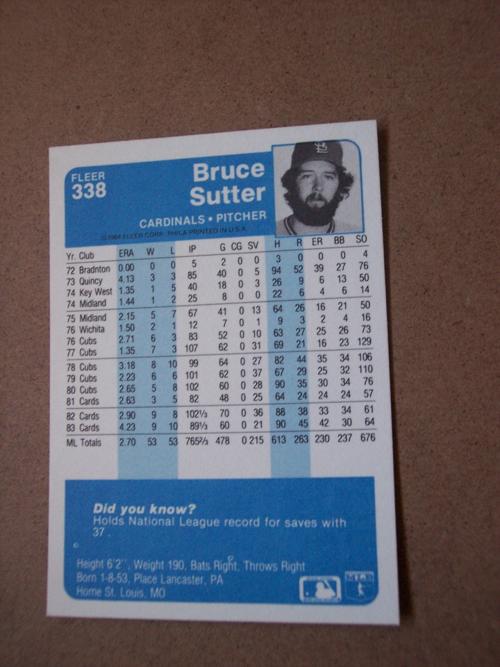 1984 Fleer baseball Bruce Sutter card #338 NM, sharp card | eBay