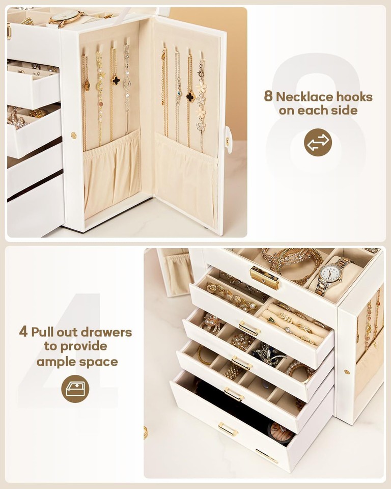 Homde Synthetic Leather Huge Jewelry Box Mirrored Watch White + Gold | eBay