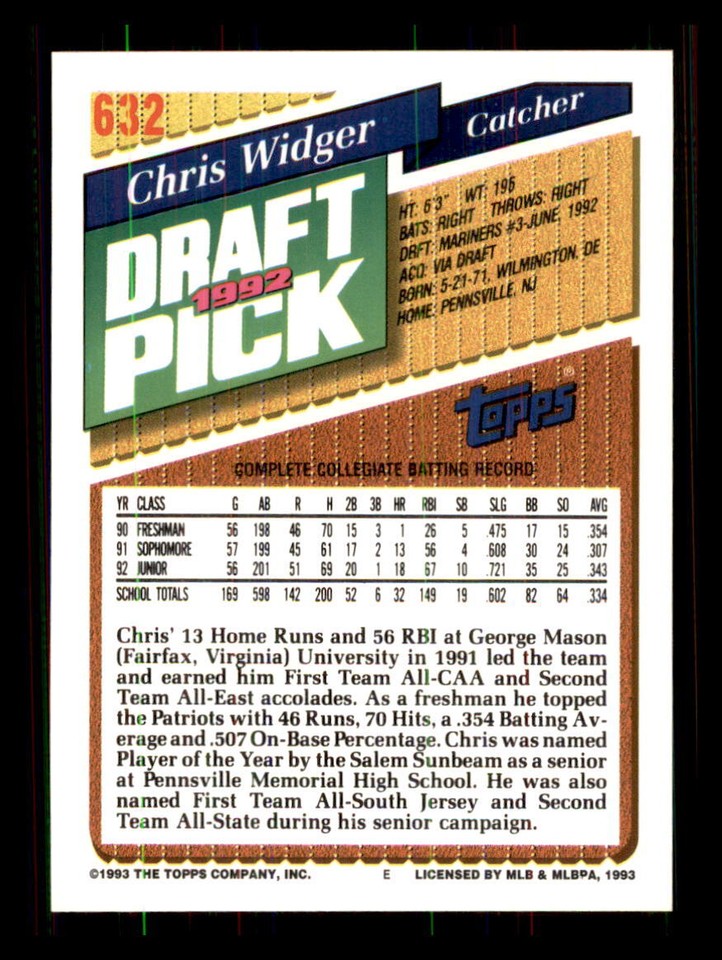 1993 Baseball Topps Chris Widger Seattle Mariners #632 DP RC | eBay