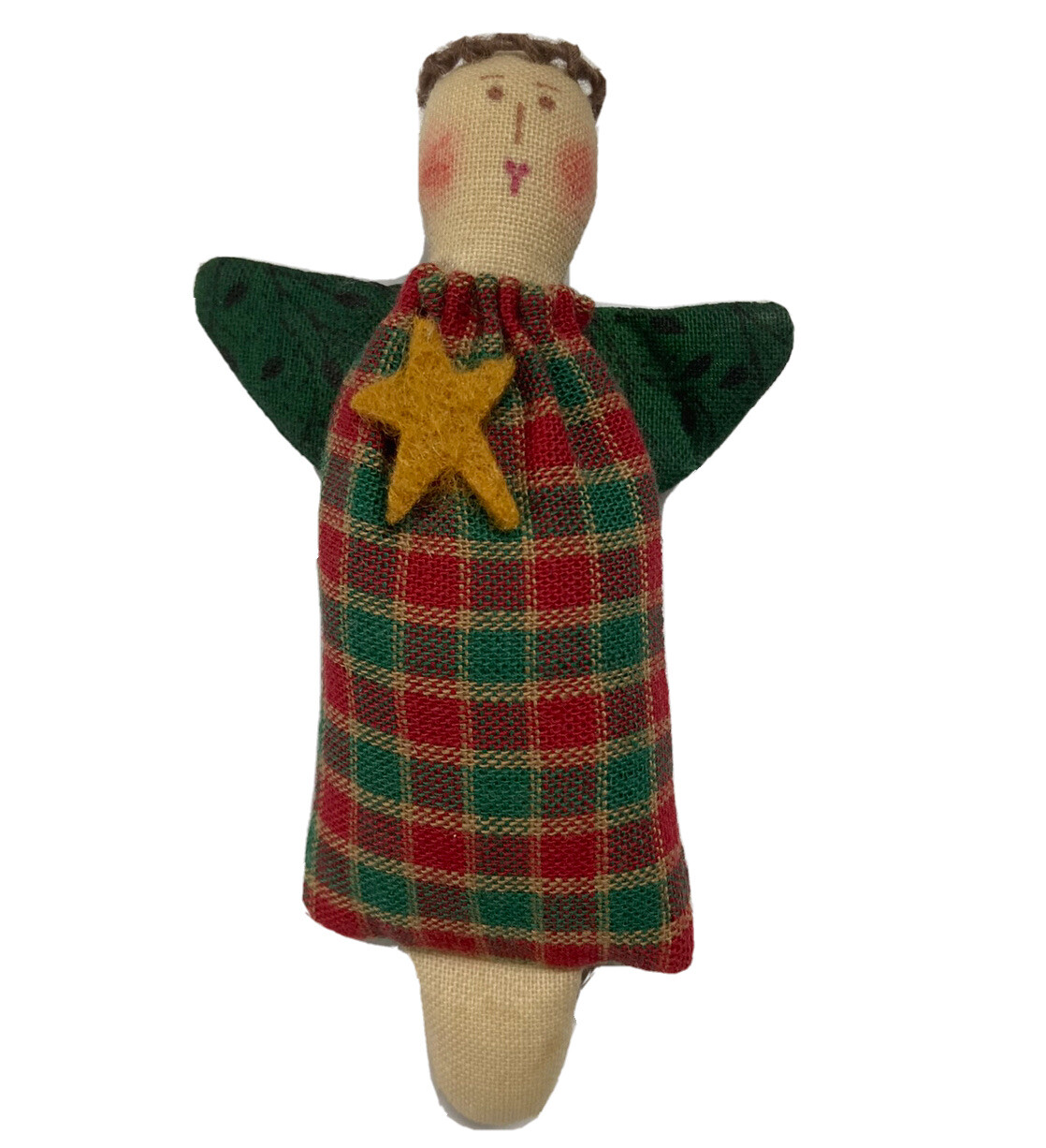 Handmade Folk Art Angel Doll Pin Stuffed Plaid Fabric 3” Vintage Signed ...