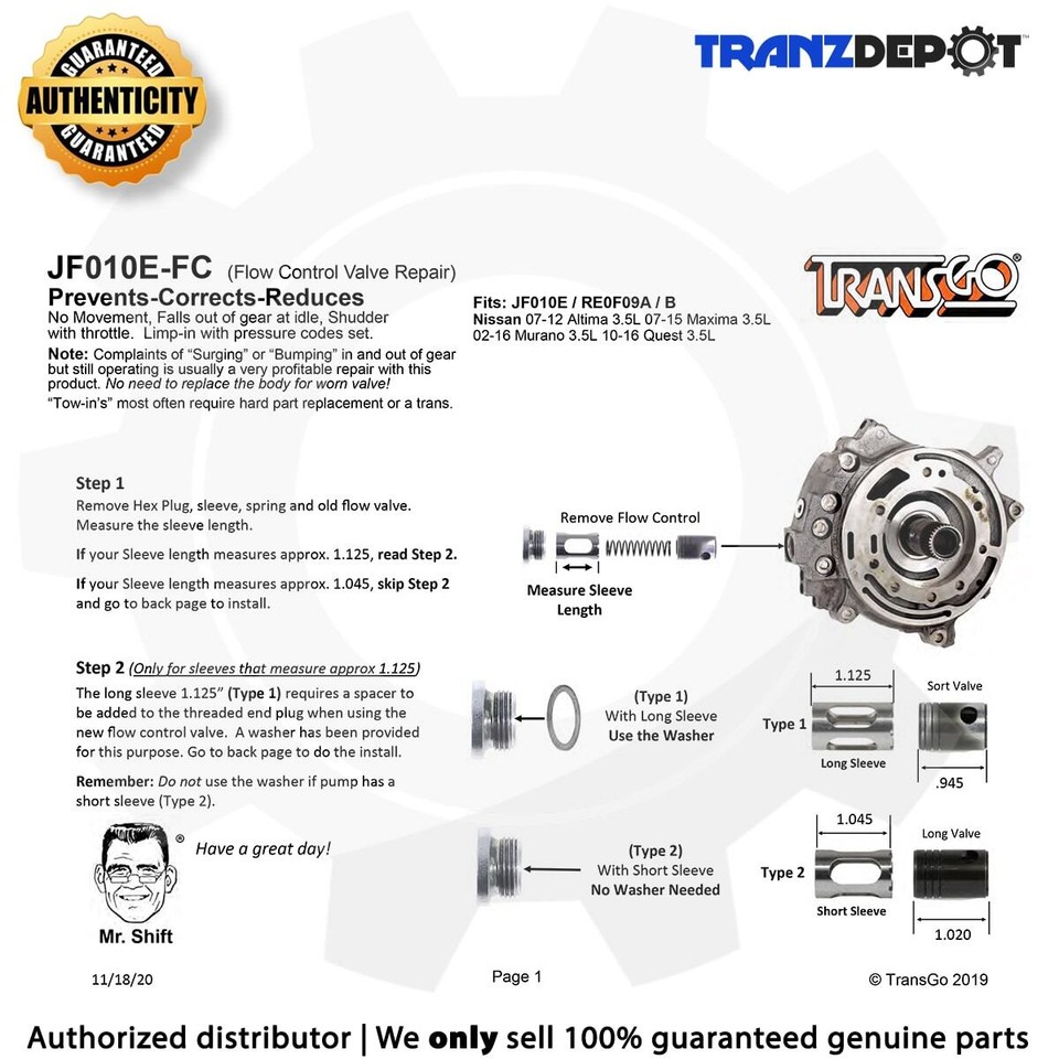 TransGo JF010E RE0F09A RE0F09B Pump Flow Control Valve (#JF010E-FC) | eBay