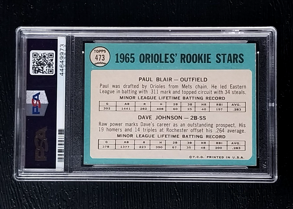 1965 TOPPS PAUL BLAIR DAVE JOHNSON ROOKIE CARD #473 **SHARP** PSA 8 ...