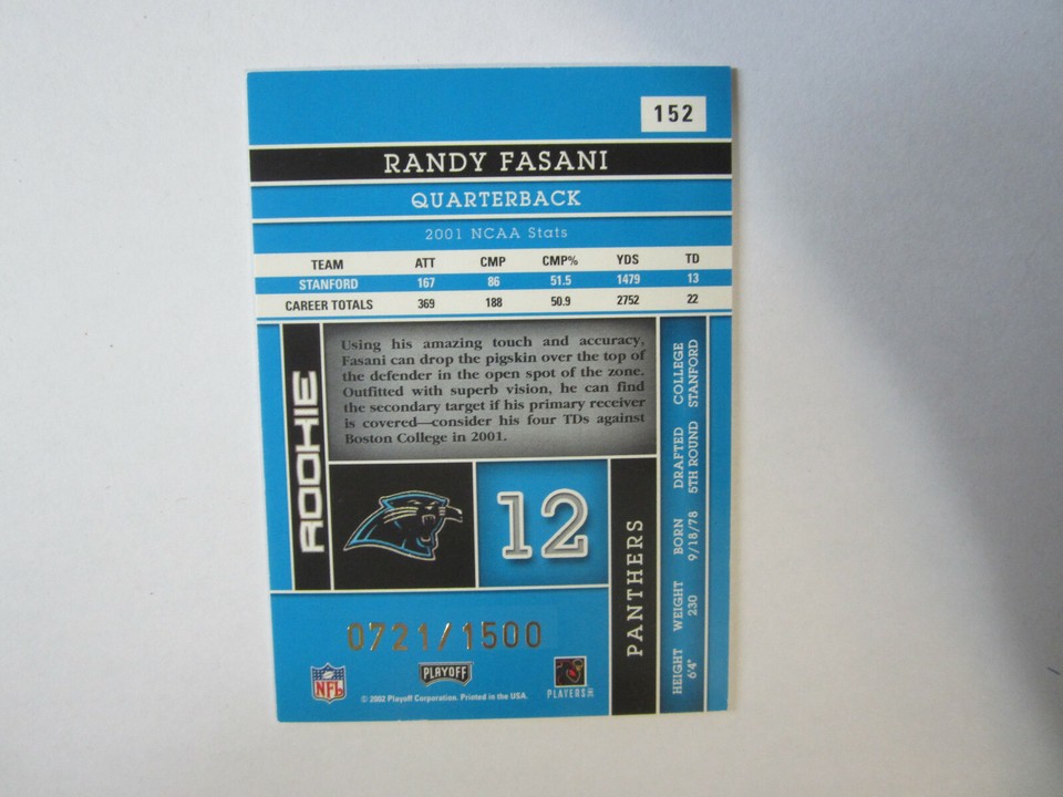 2002 Playoff Absolute Memorabilia # 152 Randy Fasani (B64) Panthers ...