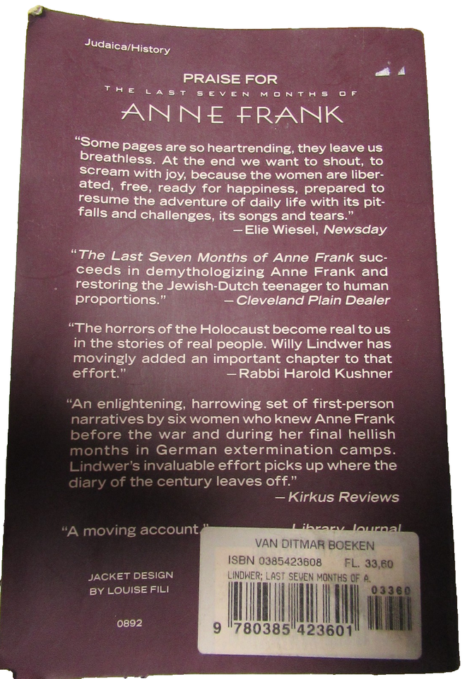 The Last Seven Months of Anne Frank by Willy Lindwer 1991 Anchor Books ...