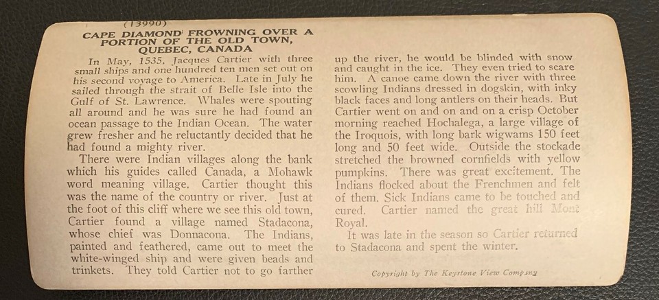 CAPE DIAMOND QUEBEC CANADA OLD TOWN VINTAGE STEREOVIEW IN EXCELLENT ...