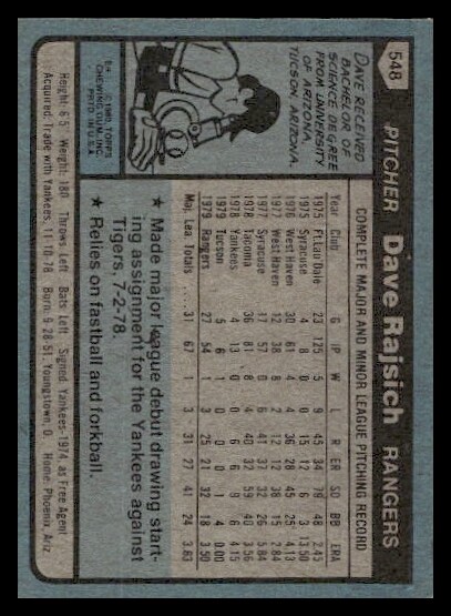 1980 Topps #548 Dave Rajsich Texas Rangers Baseball card | eBay