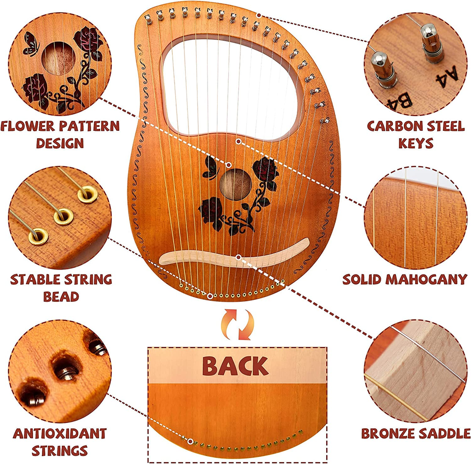 Lyre Harp 19 String Wood Rose Harp Portable Solid Mahogany Harp String ...
