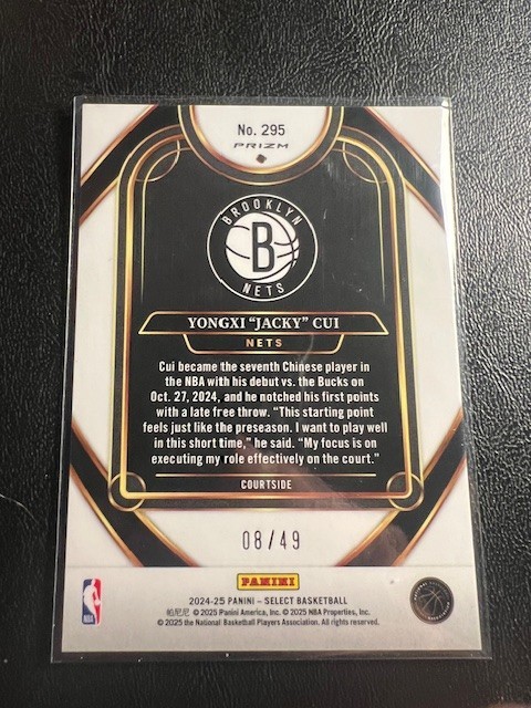 2024-25 Select Yongxi "jacky" Cui 8/49 Teel White Pink Prizms # 295 RC ...