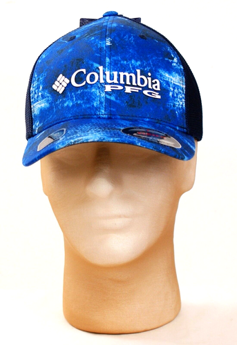 Columbia PFG Blue Camouflage High Crown Flex Fit Hat Camo Cap Men's L ...