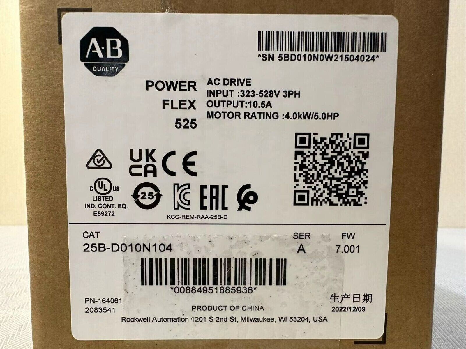 New Factory Sealed AB 25B-D010N104 /A PowerFlex 525 4kW 5Hp AC Drive ...