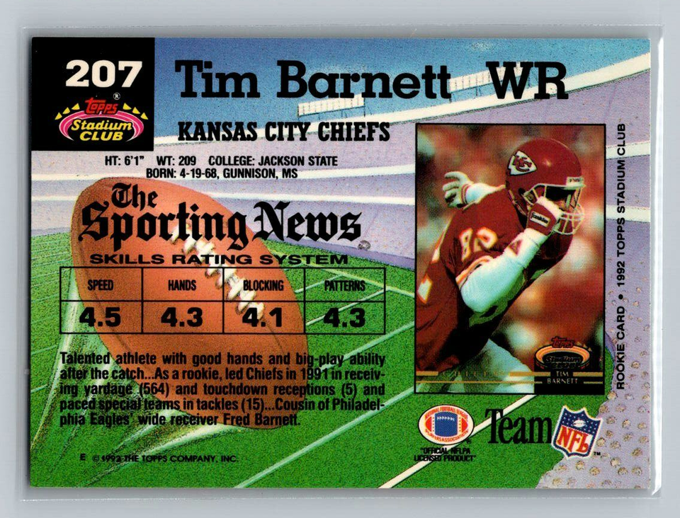 1992 Stadium Club Tim Barnett #207 Football Kansas City Chiefs MFBC #7 ...