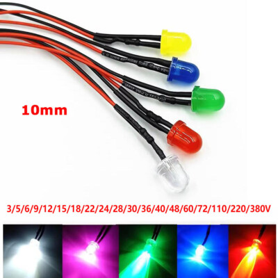 10 Pcs 10mm Pre-Wired LEDs Bulb Ultra Bright Signal Light 3V 6V 12V 24V ...