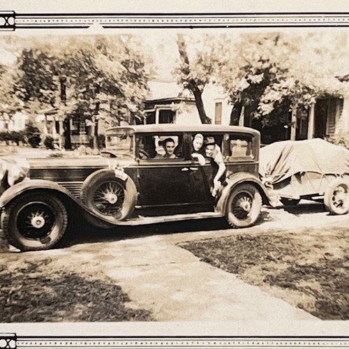 Antique Touring Car Pulling Trailer on Road-trip Unique Vintage Photo ...