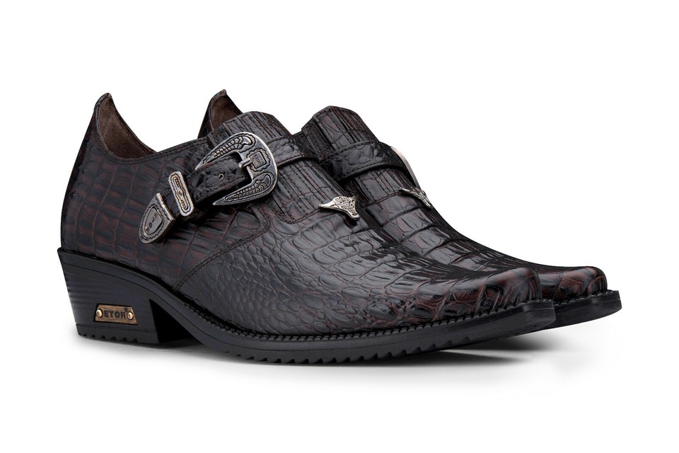 Men's Real Leather Western Shoes Brown Croc Winklepickers Cuban Biker ...