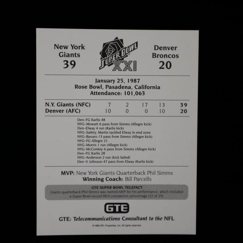 1990 Super Bowl XXI New York Giants vs. Denver Broncos GTE Poster Card ...