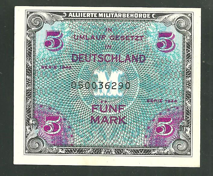 Germany 5 Funf Mark 1944 Pick #193 Allied Occupation WWII Military ...