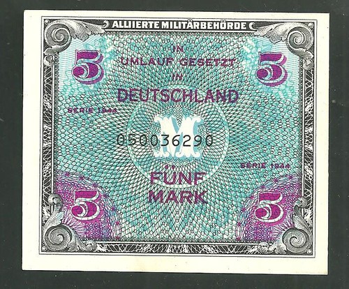 Germany 5 Funf Mark 1944 Pick #193 Allied Occupation WWII Military ...