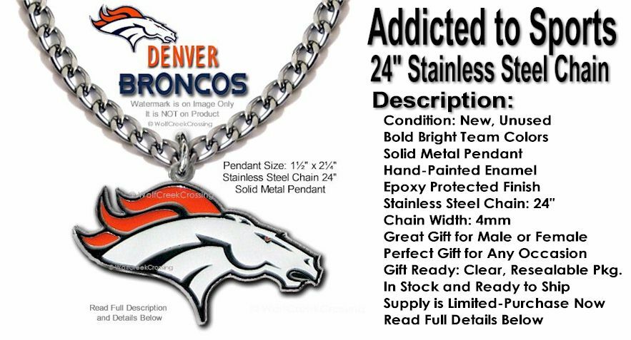 LARGE DENVER BRONCOS NECKLACE Stainless Steel Chain NFL Football Metal ...