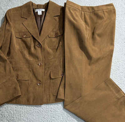 Judith Hart Womens Pantsuit Suit Faux Suede Brown 10 P Jacket 8P Pants ...