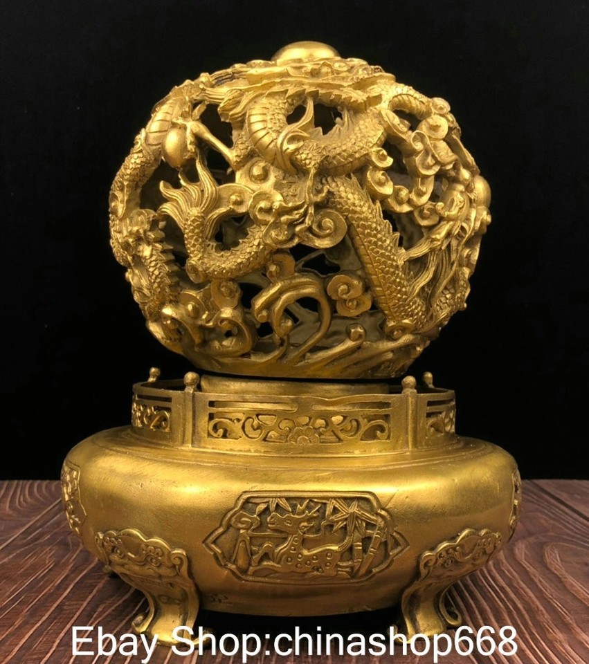 6" Old Chinese Copper Carving Feng Shui Dragon Play Bead Ball Luck ...