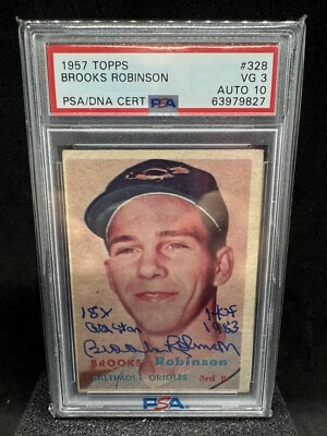 BROOKS ROBINSON SIGNED 1957 TOPPS 328 ROOKIE INSCRIBED PSA 3 DNA 10 ...