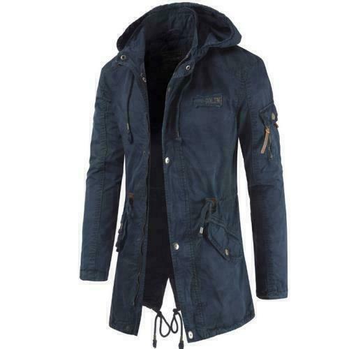 Men Hooded Back Split Zipper Trench Coat Outwear Slim Fit Jacket Stand ...