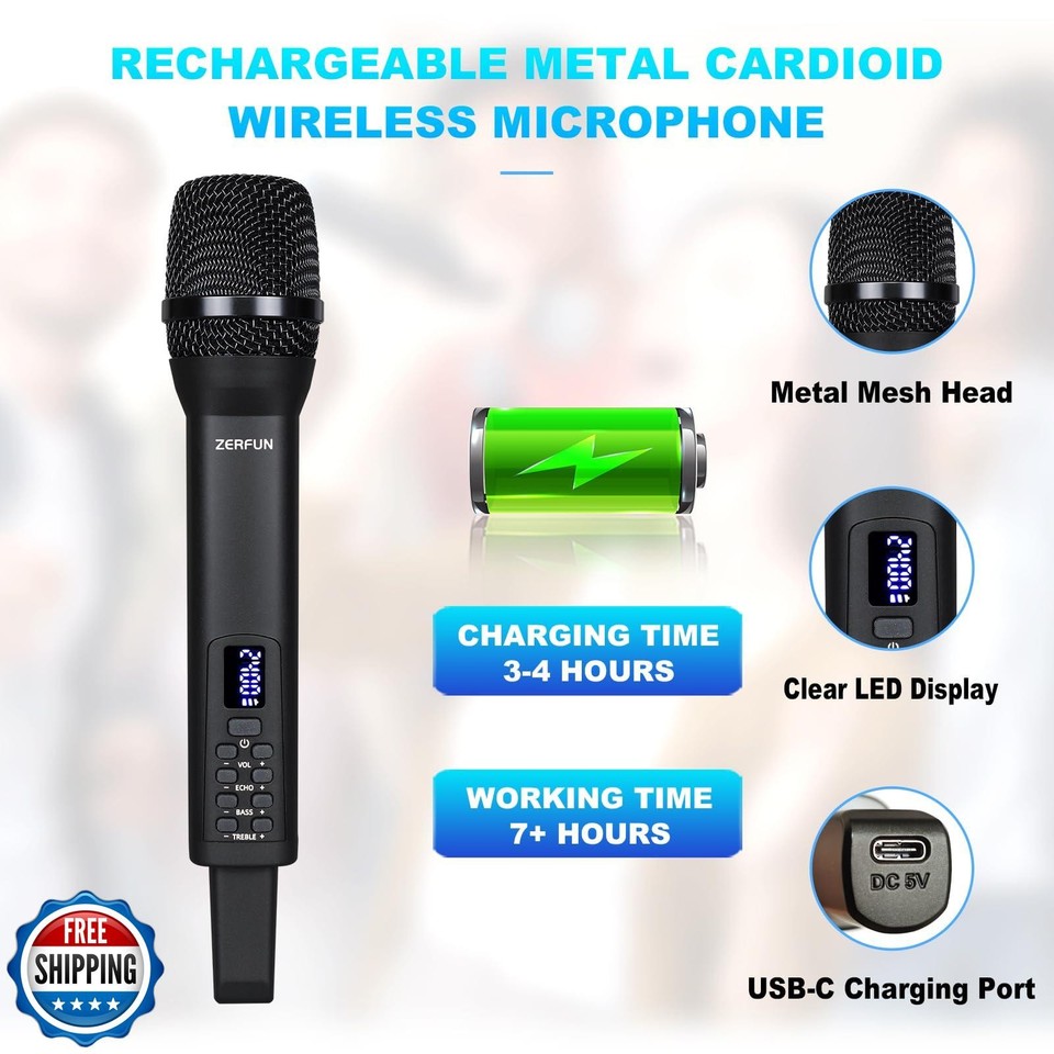 ZERFUN Rechargeable Wireless Microphone, Pro Handheld Cordless Mic ...