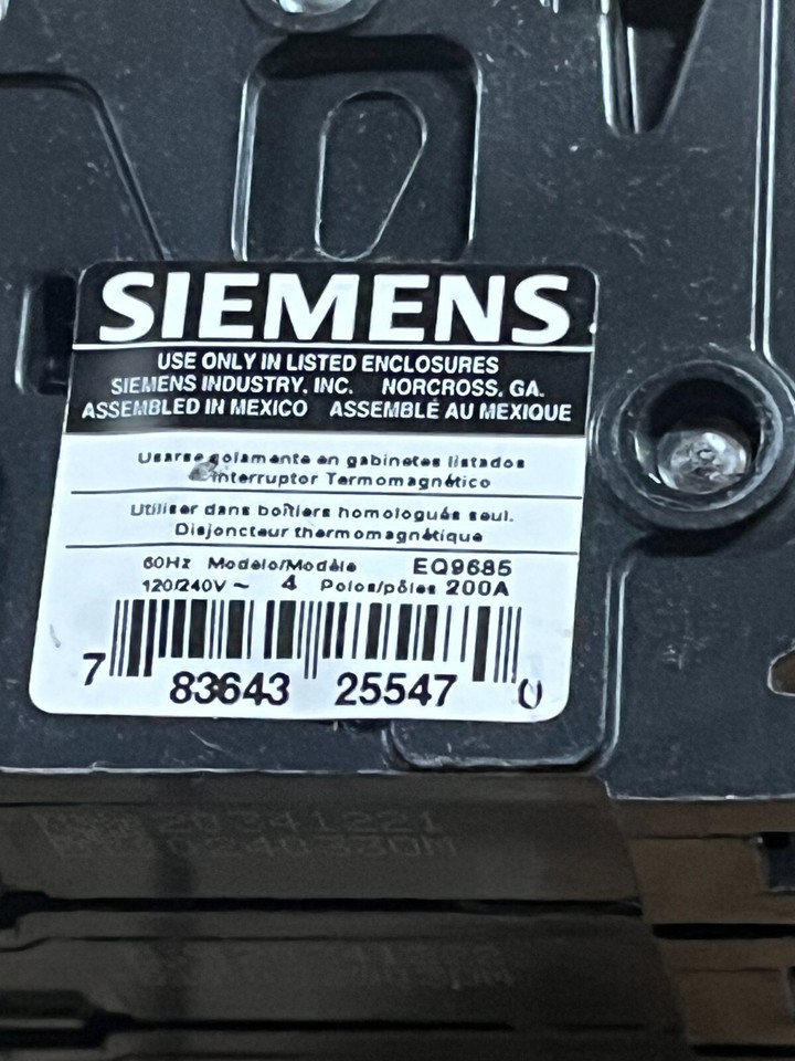 SIEMENS EQ9685 4 Pole 200 AMP Type EQ EQ-P Main Circuit Breaker new | eBay