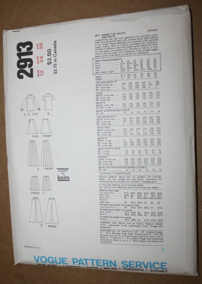 1960s VINTAGE SEWING PATTERN VOGUE 2913 MISSES' TOP SKIRT PANTS S:20 B ...