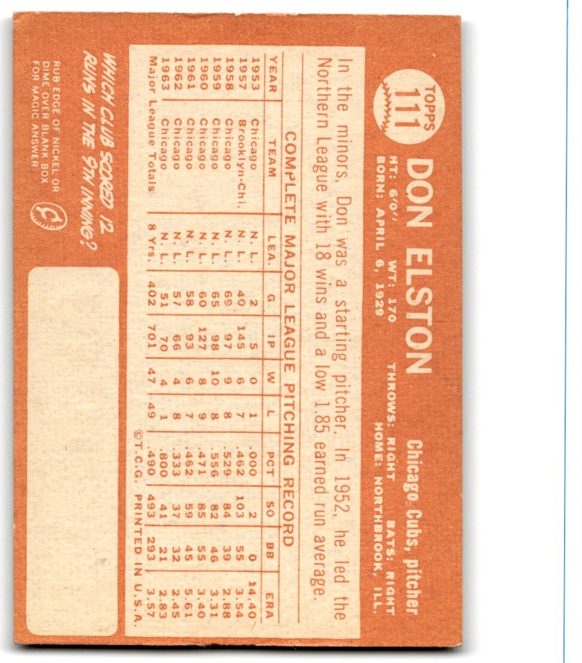 1964 Topps Don Elston . Chicago Cubs #111 | eBay