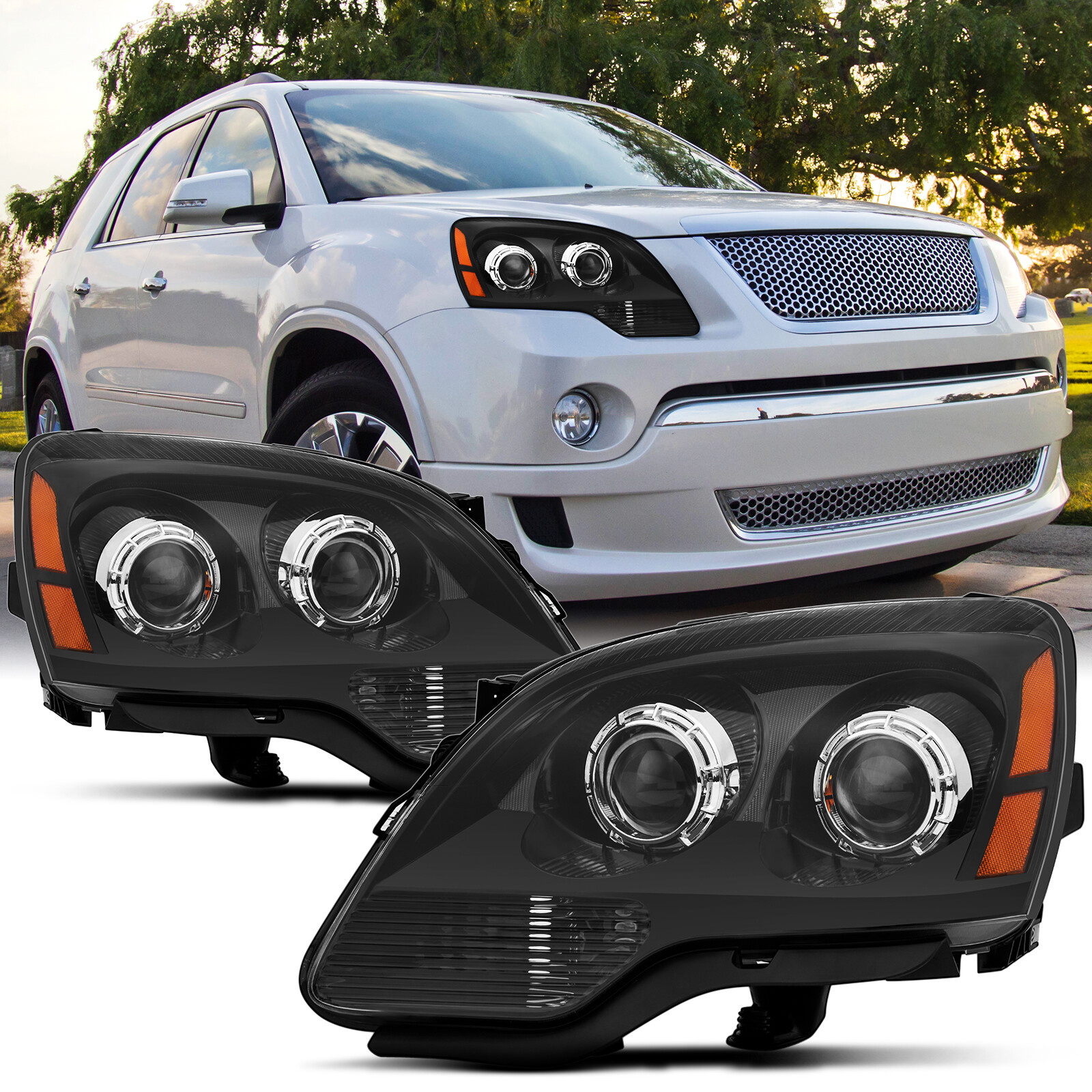 For 2007-2012 GMC Acadia Headlights Assembly Black W/Amber Head Lamps ...