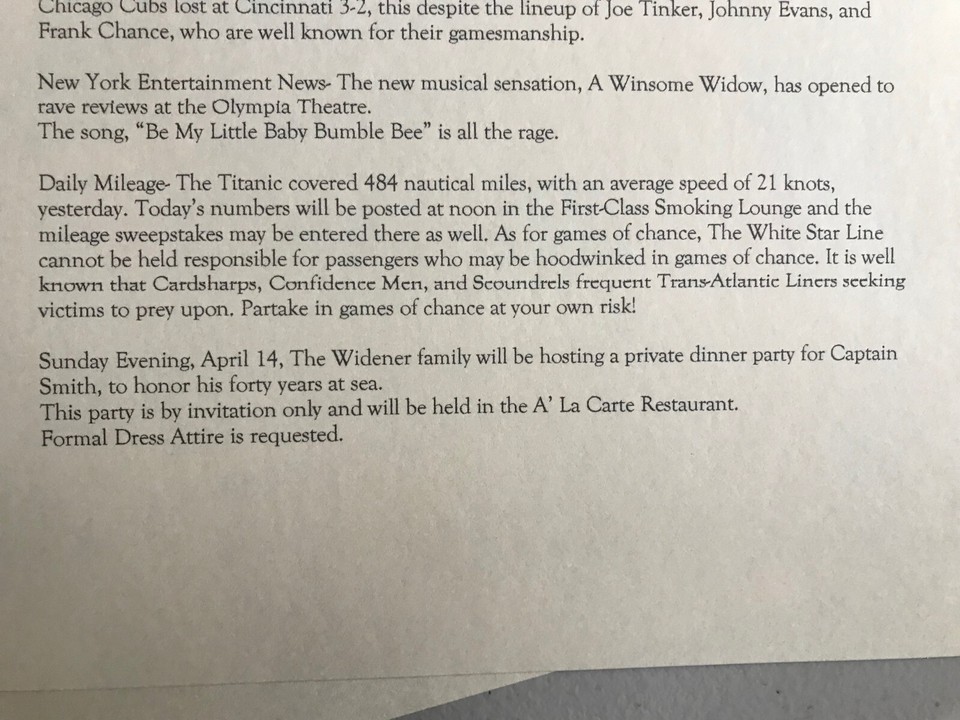 RMS TITANIC THE ATLANTIC DAILY BULLETIN APRIL 13, 1912 ON BOARD ...