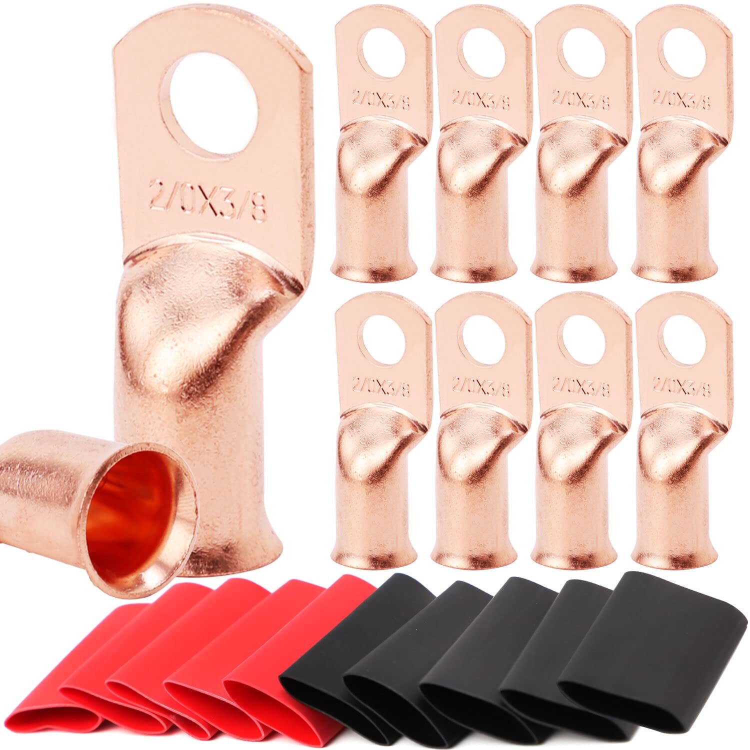 20x 2/0 AWG Gauge Copper Lugs | BLACK & RED Heat Shrink End Ring ...