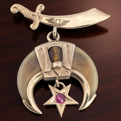 ANTIQUE ESTATE SOLID 14K GOLD MASONIC SHRINER TIGERS EYE RUBY MEDAL PIN ...
