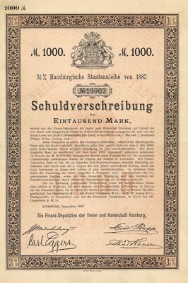 Germany - 1887 dated 1,000 German Mark Bond - Hamburg, Germany ...