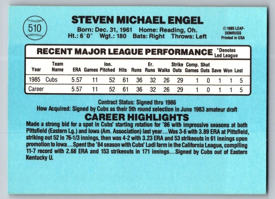 1986 DONRUSS STEVE ENGEL RC CHICAGO CUBS #510 | eBay