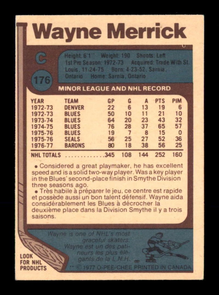 1977 O-Pee-Chee NHL #176 Wayne Merrick EX/EX+ X2911356 | eBay
