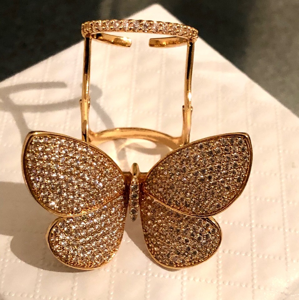 18k Gold Plated Big Butterfly Ring made w Swarovski Crystal Prong Stone ...