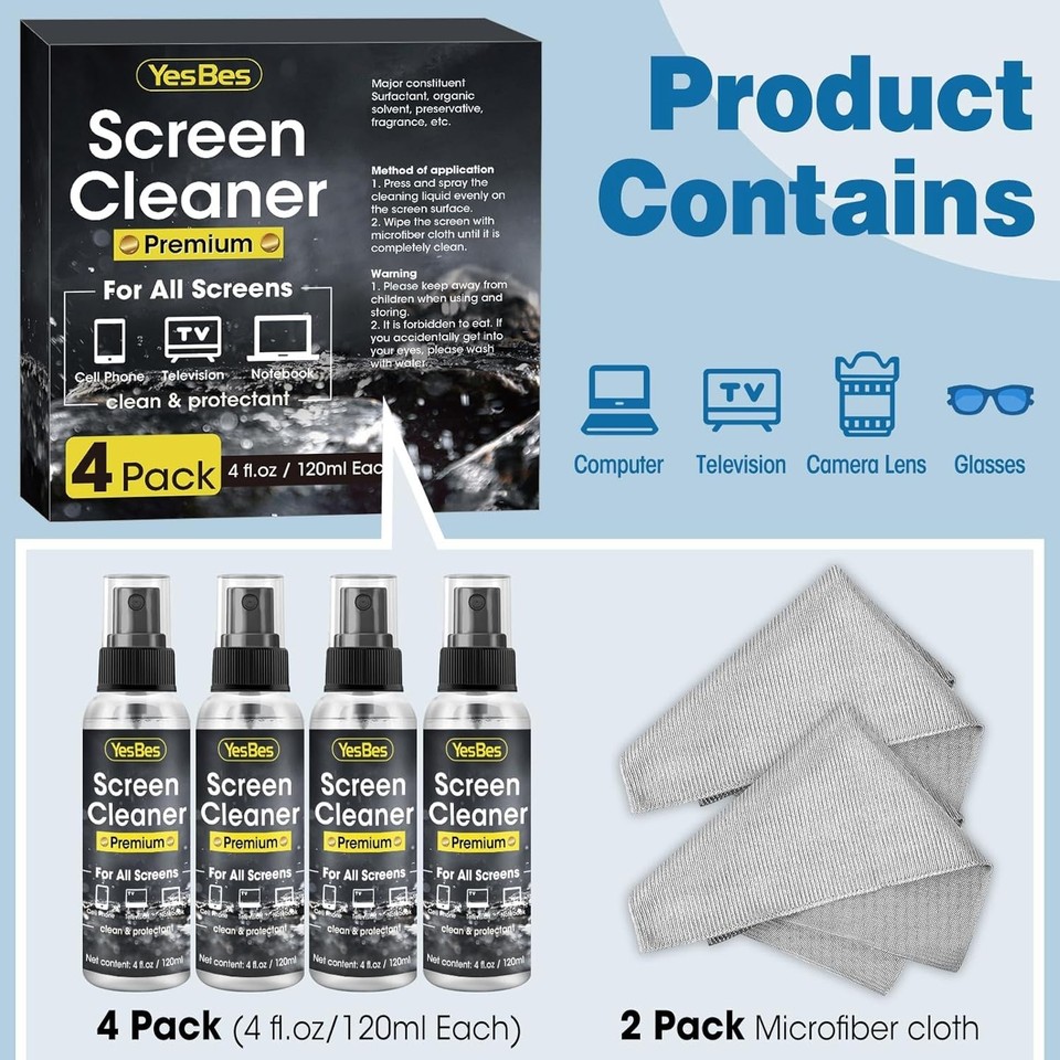 Screen Cleaner Spray 16Oz (4Oz X 4 Pack) - TV & Computer Screen Cleaner ...