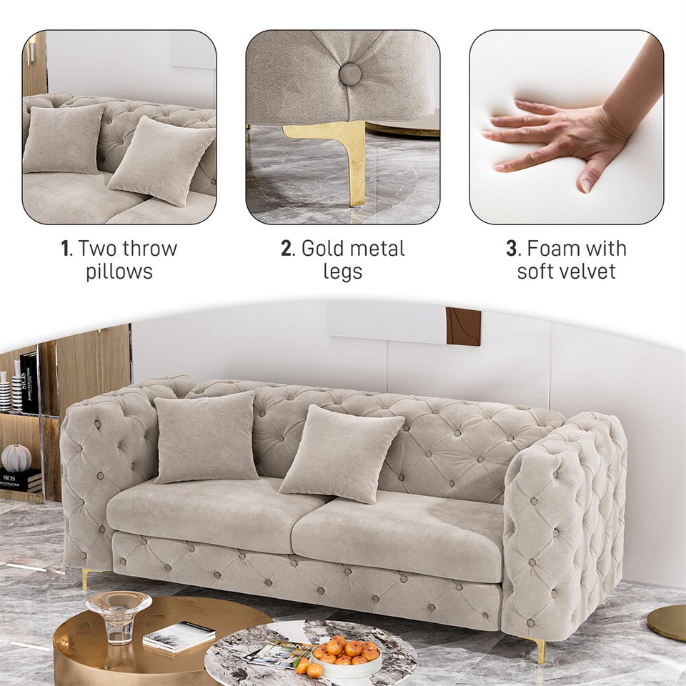 Modern Tufted Velvet Upholstered Couch Velour Casual Big Comfy Sofa w ...