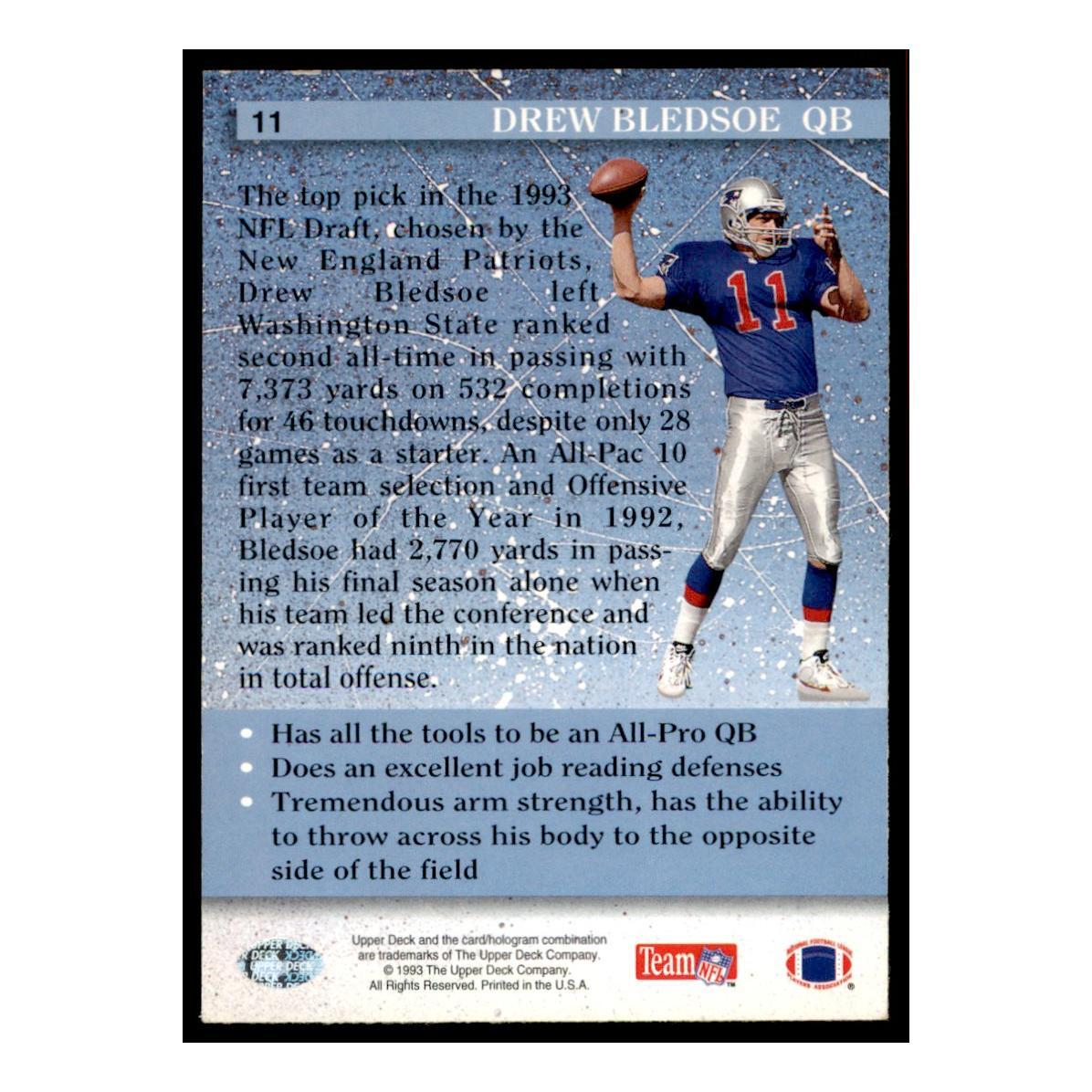 1993 Upper Deck #11 Drew Bledsoe Rookie New England Patriots Football ...