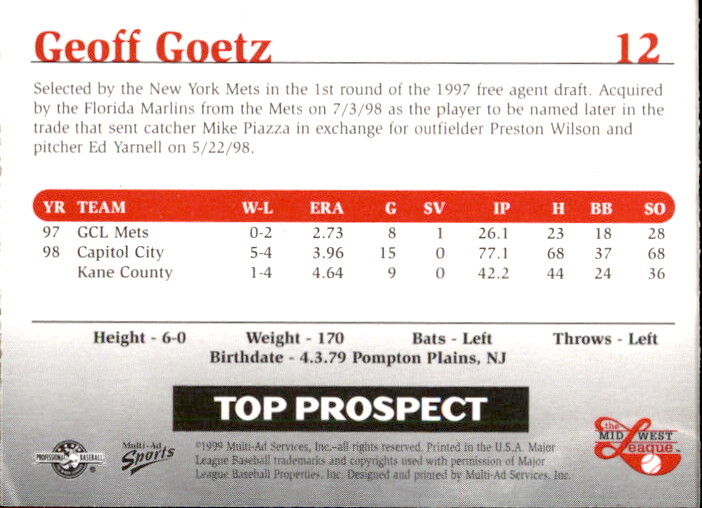 1999 Midwest League Prospects Multi-Ad #12 Geoff Goetz Pompton Plains ...