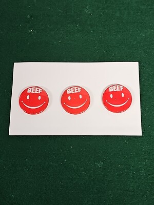3 Vintage Pinback Button “Beef” Red Smiley Face (Beef Industry Council ...