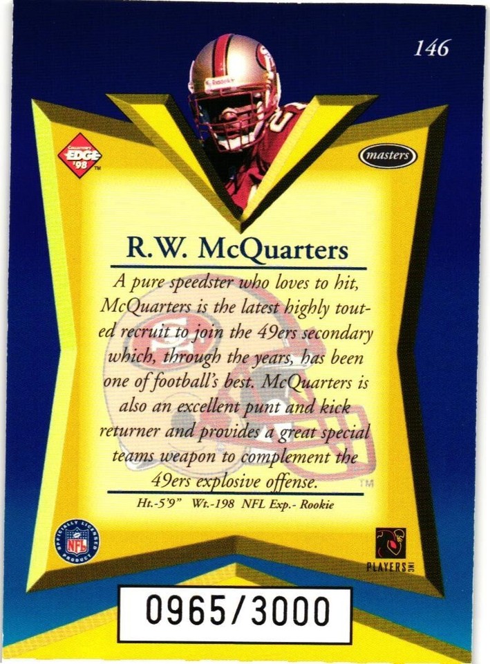 1998 Collector's Edge Masters 50 Point /3000 R.W. McQuarters RC #146 ...