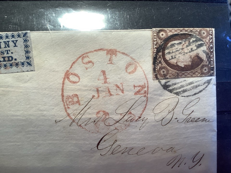 3LB2 GENUINE US Carrier stamp, 1851 Penny Post, Boston + #11 COVER ...