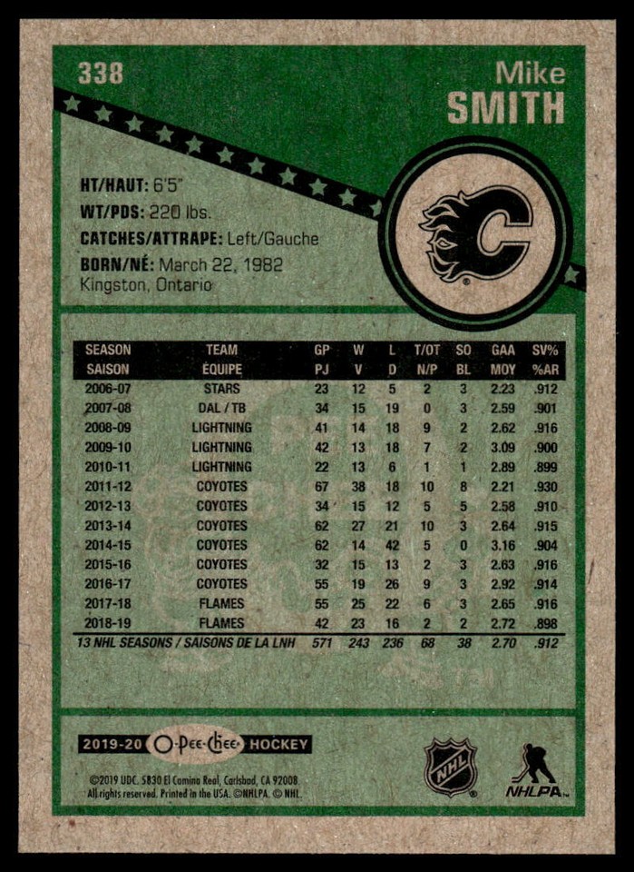 2019-20 O-Pee-Chee #338 Mike Smith Calgary Flames Retro Hockey Card | eBay