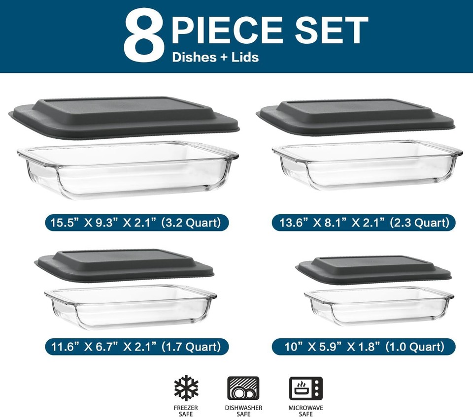 8-Piece Deep Glass Baking Dish Set w/Plastic lids Rectangular Glass ...